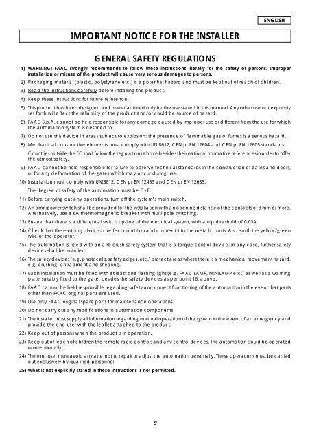 important notice for the installer general safety regulations - FAAC