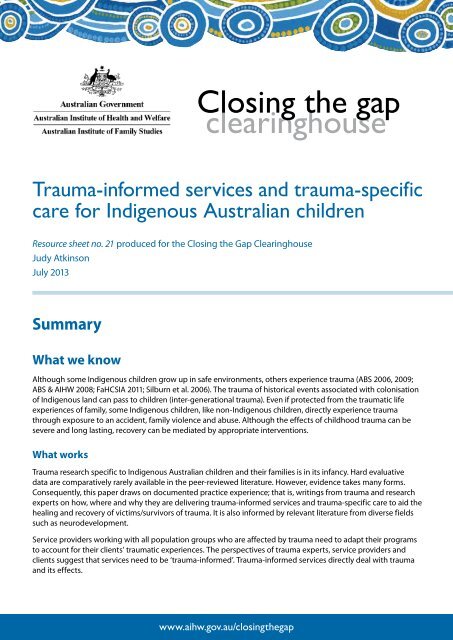 Trauma-informed services and trauma-specific care for Indigenous ...