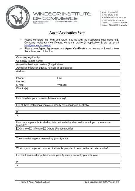 Agent Application Form - Windsor Institute of Commerce