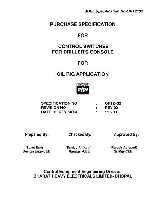 PURCHASE SPECIFICATION FOR CONTROL ... - BHEL Bhopal