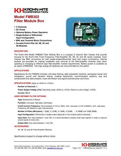 Model FMB302 Filter Module Box - Krohn-Hite Corporation