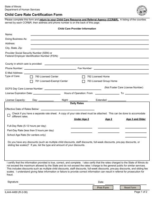 Child Care Rate Certification Form