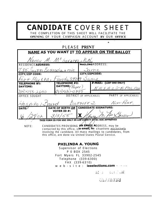CANDIDATE COVER SHEET - Lee County Supervisor of Elections