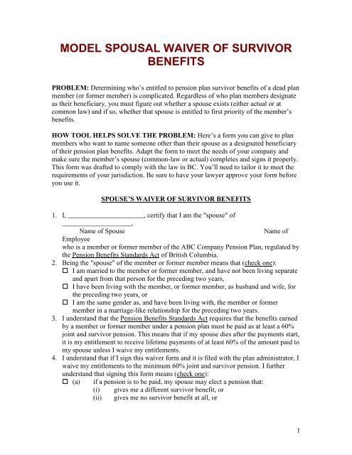 model spousal waiver of survivor benefits - HRInsider