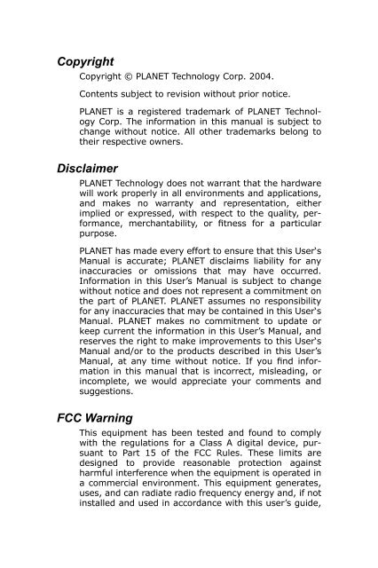 Copyright Disclaimer FCC Warning - Planet