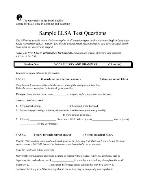 Sample ELSA Test Questions - The University of the South Pacific
