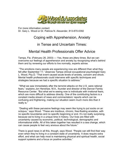 Coping with Apprehension, Anxiety in Tense and Uncertain Times