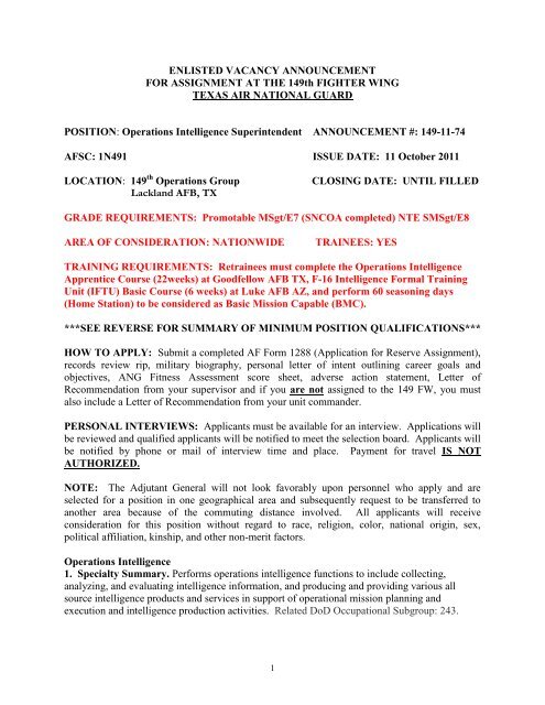 ENLISTED VACANCY ANNOUNCEMENT FOR ASSIGNMENT AT ...