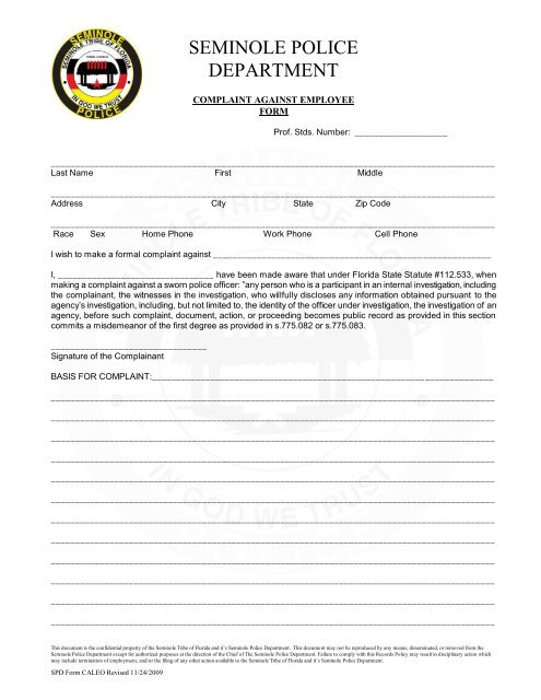 Complaint Form [PDF] - Seminole Police Department - Seminole ...