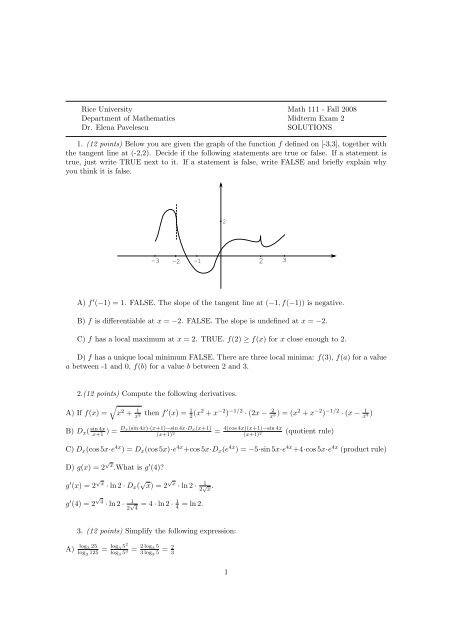 Midterm Exam 2 With Solutions Department Of Mathematics Rice