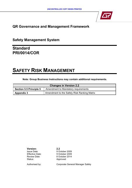 Safety Risk Management Plan - Queensland Rail