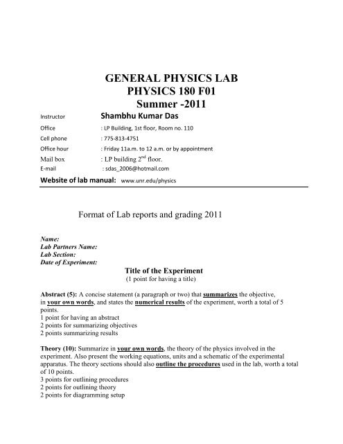GENERAL PHYSICS LAB PHYSICS 180 F01 Summer -2011