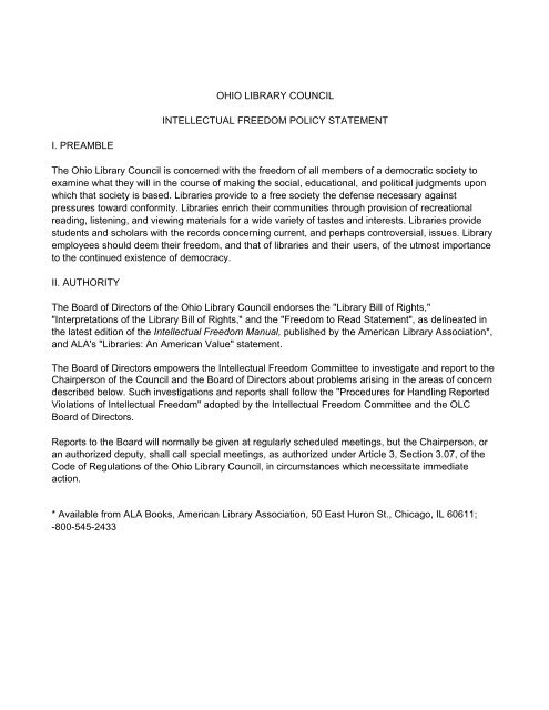 Intellectual Freedom Policy Statement - Ohio Library Council