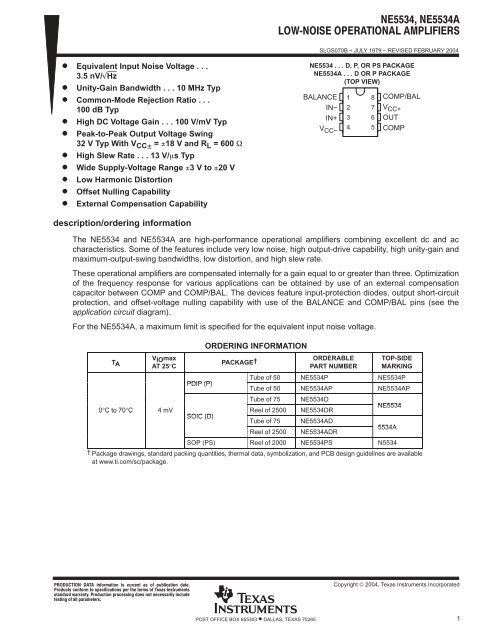 ne5534, ne5534a low noise operational amplifiers - AmpsLab.com