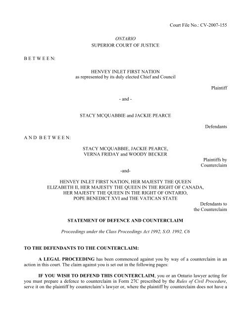 Statement Of Defence And Counter Claim Ottawa Algonquin First statement-of-defence-and-counter-claim-ottawa-algonquin-first