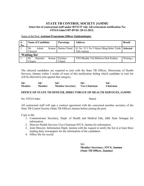STATE TUBERCULOSIS OFFICER - Department of Health , J&K