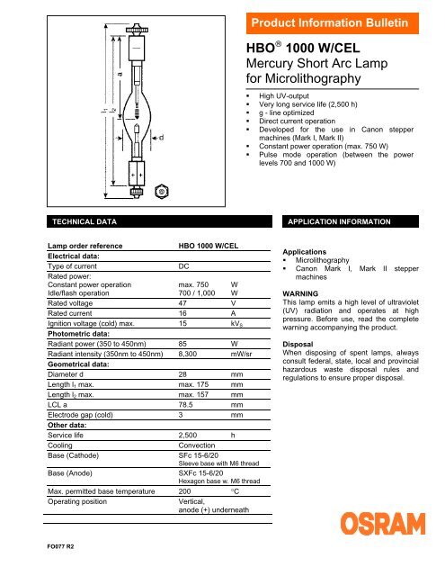 HBO 1000 W/CEL Mercury Short Arc Lamp for ... - Osram Sylvania