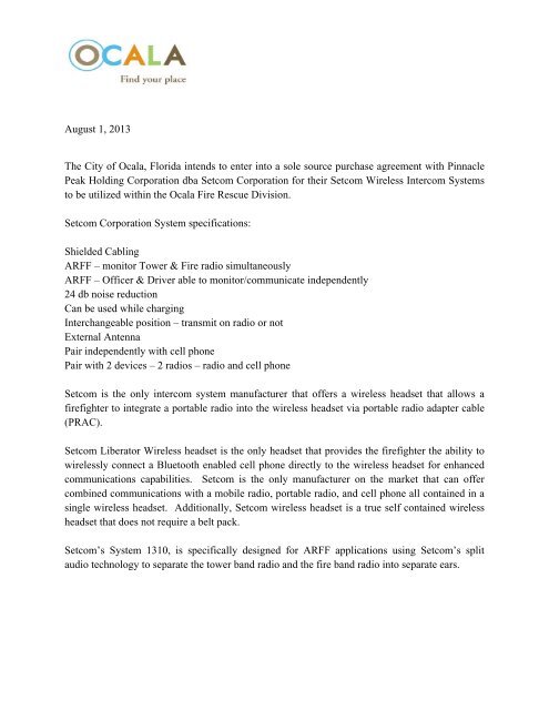 Sole Source Letter - City of Ocala