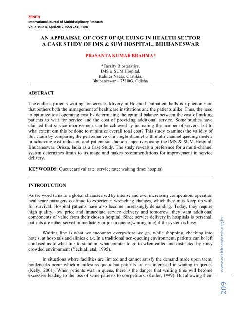 an appraisal of cost of queuing in health sector a case study of ims ...