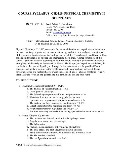 COURSE SYLLABUS: CH3520, PHYSICAL CHEMISTRY II