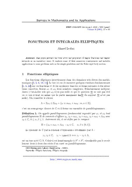 FONCTIONS ET INTÃ GRALES ELLIPTIQUES 1 Fonctions elliptiques