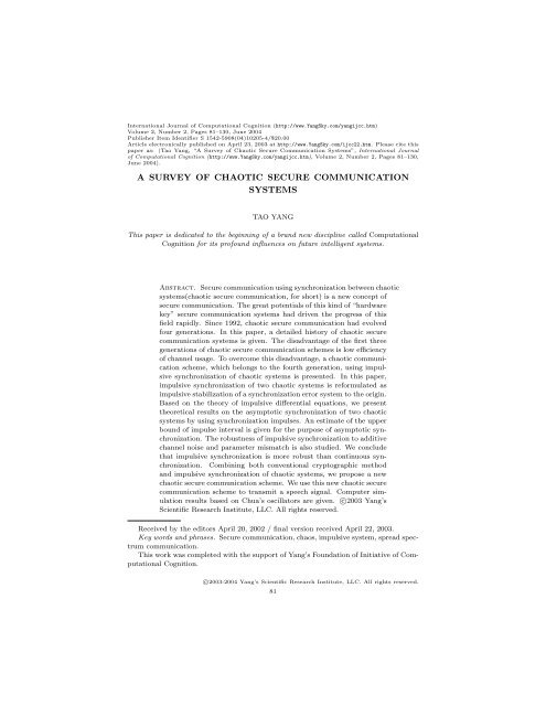 A Survey Of Chaotic Secure Communication Systems Yangs