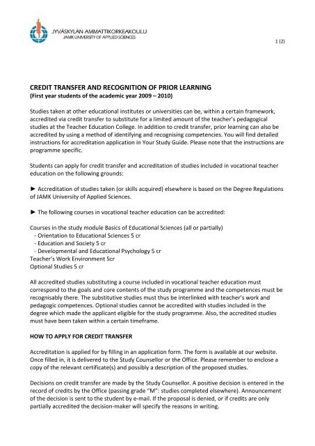 CREDIT TRANSFER AND RECOGNITION OF PRIOR LEARNING
