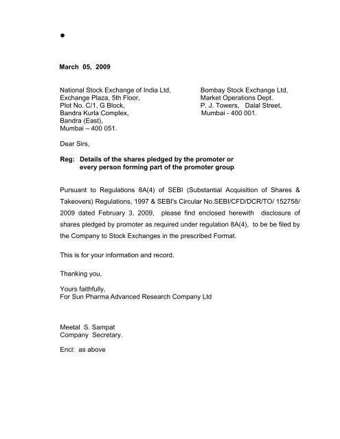 Letter to Stock Exchange regarding Shares Pledged by Promoter ...