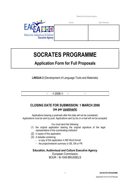 SOCRATES PROGRAMME Application Form for Full Proposals