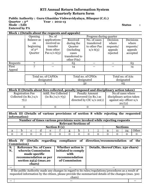 RTI Annual Return Information System Quarterly Return form