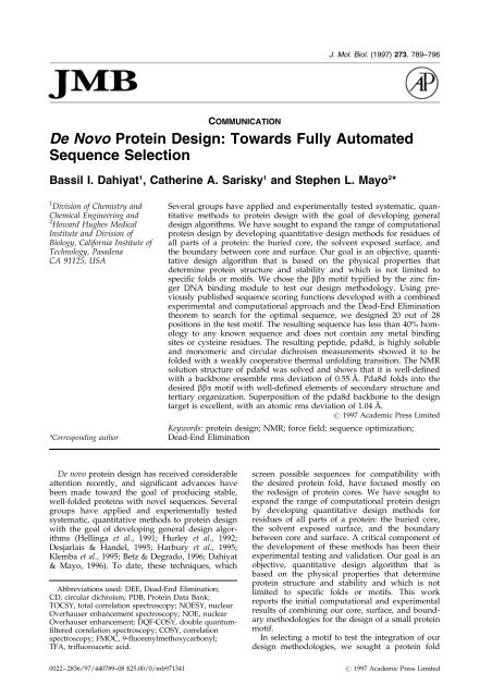 De Novo Protein Design: Towards Fully ... - the Mayo Lab - Caltech