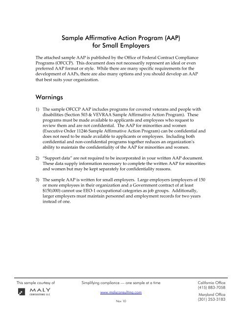 OFCCP's â templateâ for a written AAP document - Maly Consulting LLC