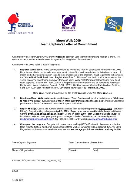 Moon Walk 2009 Team Captain's Letter of Commitment