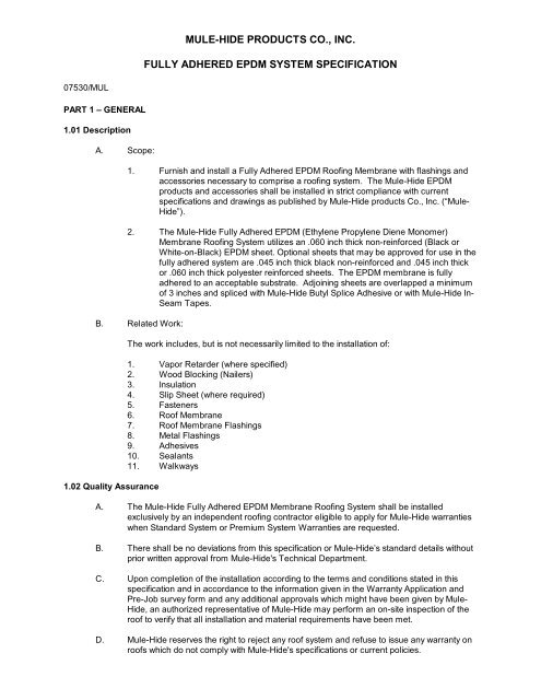 EPDM Fully Adhered System Spec - Mule-Hide Products Co., Inc.