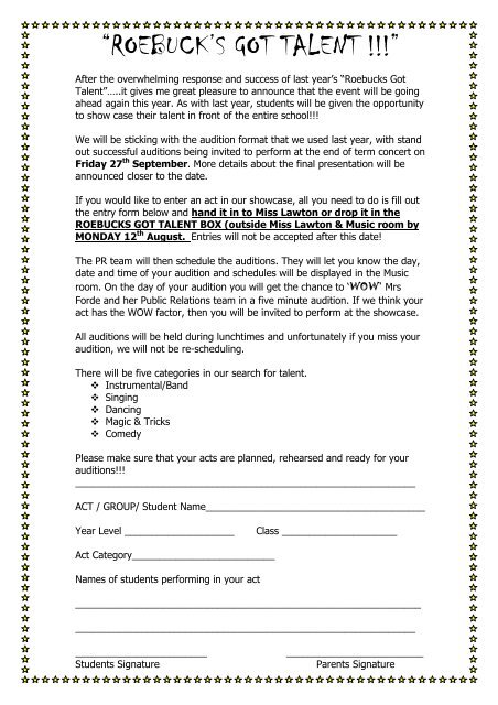 Roebuck's Got Talent Quest Entry Form - Roebuck Primary School