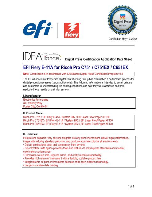 EFI Fiery E-41A for Ricoh Pro C751 / C751EX / C651EX - IDEAlliance