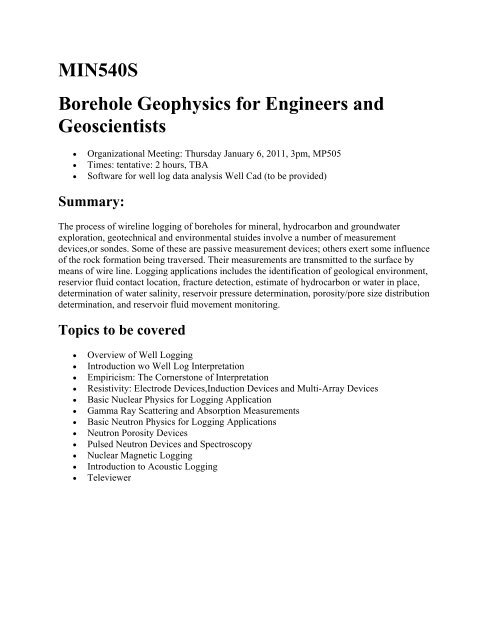 MIN540S Borehole Geophysics for Engineers ... - Civil Engineering
