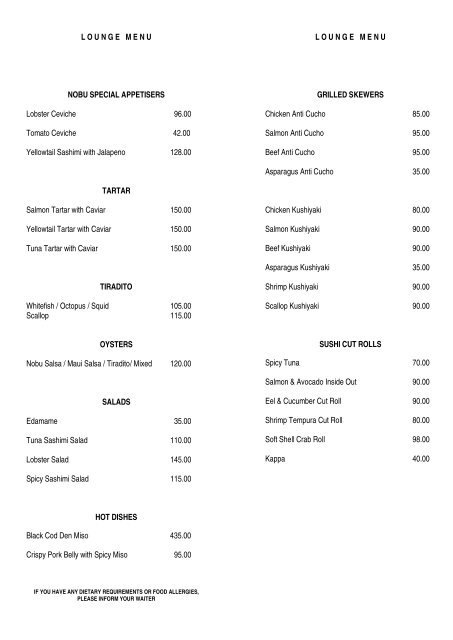 LOUNGE MENU - One&Only Cape Town