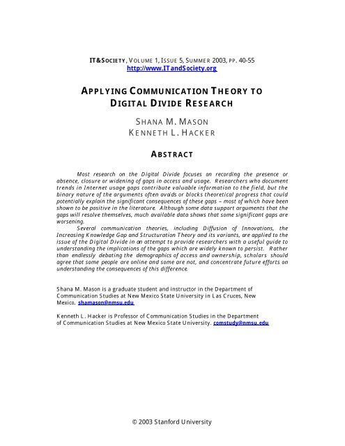 applying communication theory to digital divide research
