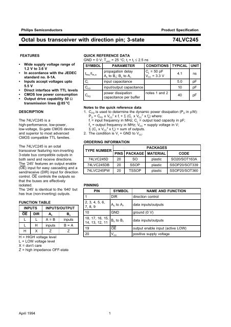 Octal bus transceiver with direction pin; 3-state 74LVC245