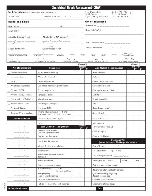 Obstetrical Needs Assessment (ONAF) - Provider ... - Health Partners