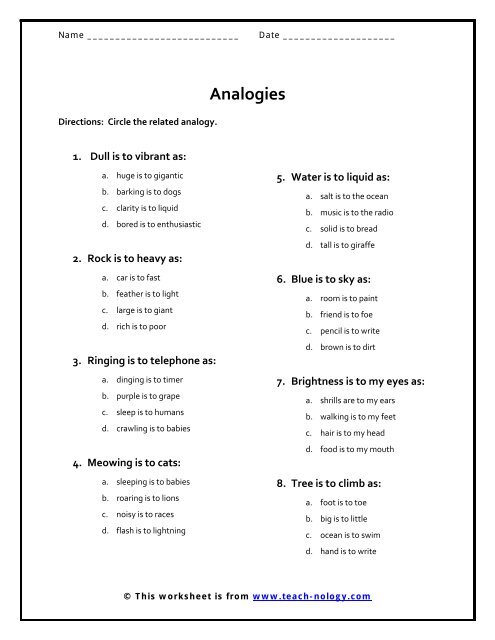 Analogies Worksheet With Answer Key - Printable Sheet Education Analogies Worksheet With Answer Key - Printable Sheet Education
