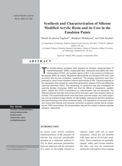 Synthesis and Characterization of Silicone Modified Acrylic Resin ...