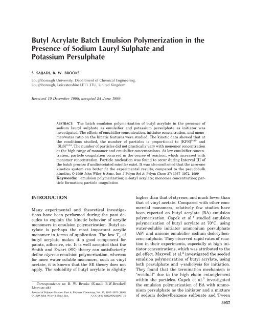 Butyl acrylate batch emulsion polymerization in the presence of ...