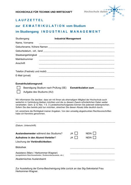 Laufzettel fÃ¼r Exmatrikulation - Hochschule Aalen