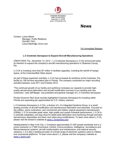 L-3 Crestview Aerospace to Expand Aircraft Manufacturing Operations