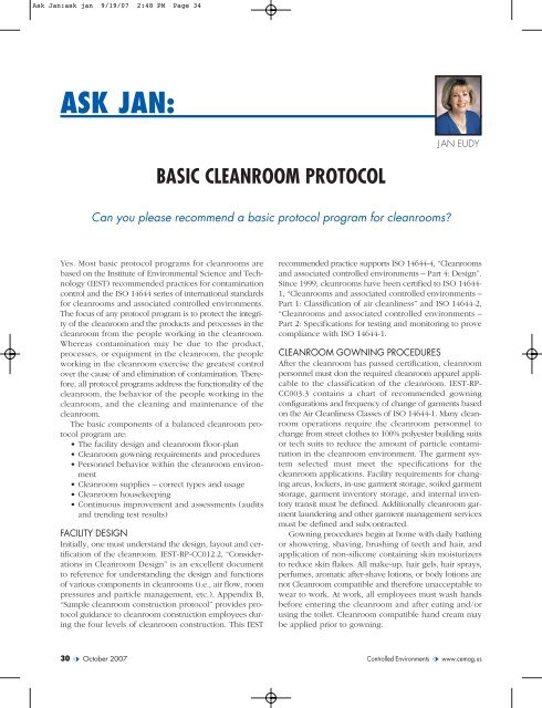 Basic Cleanroom Protocol (pdf) - Ask Jan:ask jan - Cintas