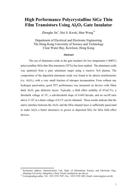 High Performance Polycrystalline SiGe Thin Film Transistors Using ...