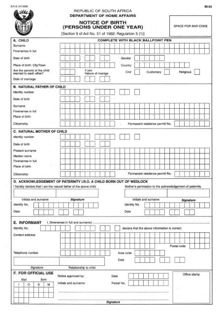 Notice of Birth BI24 - South Africa
