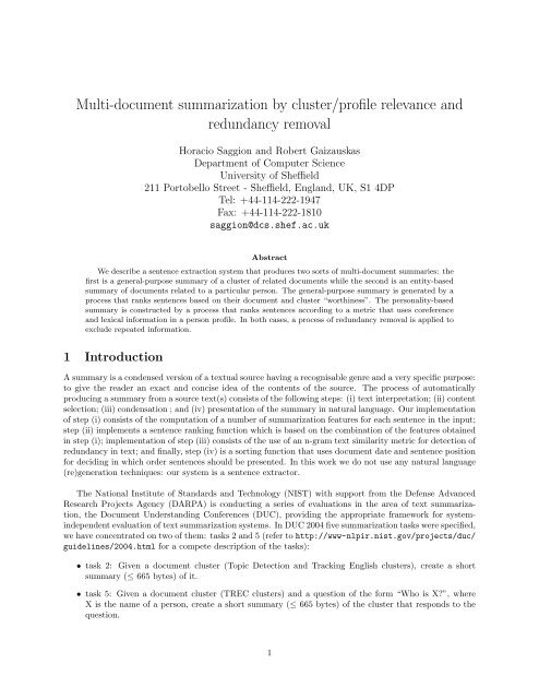 Multi-document summarization by cluster/profile relevance and ...